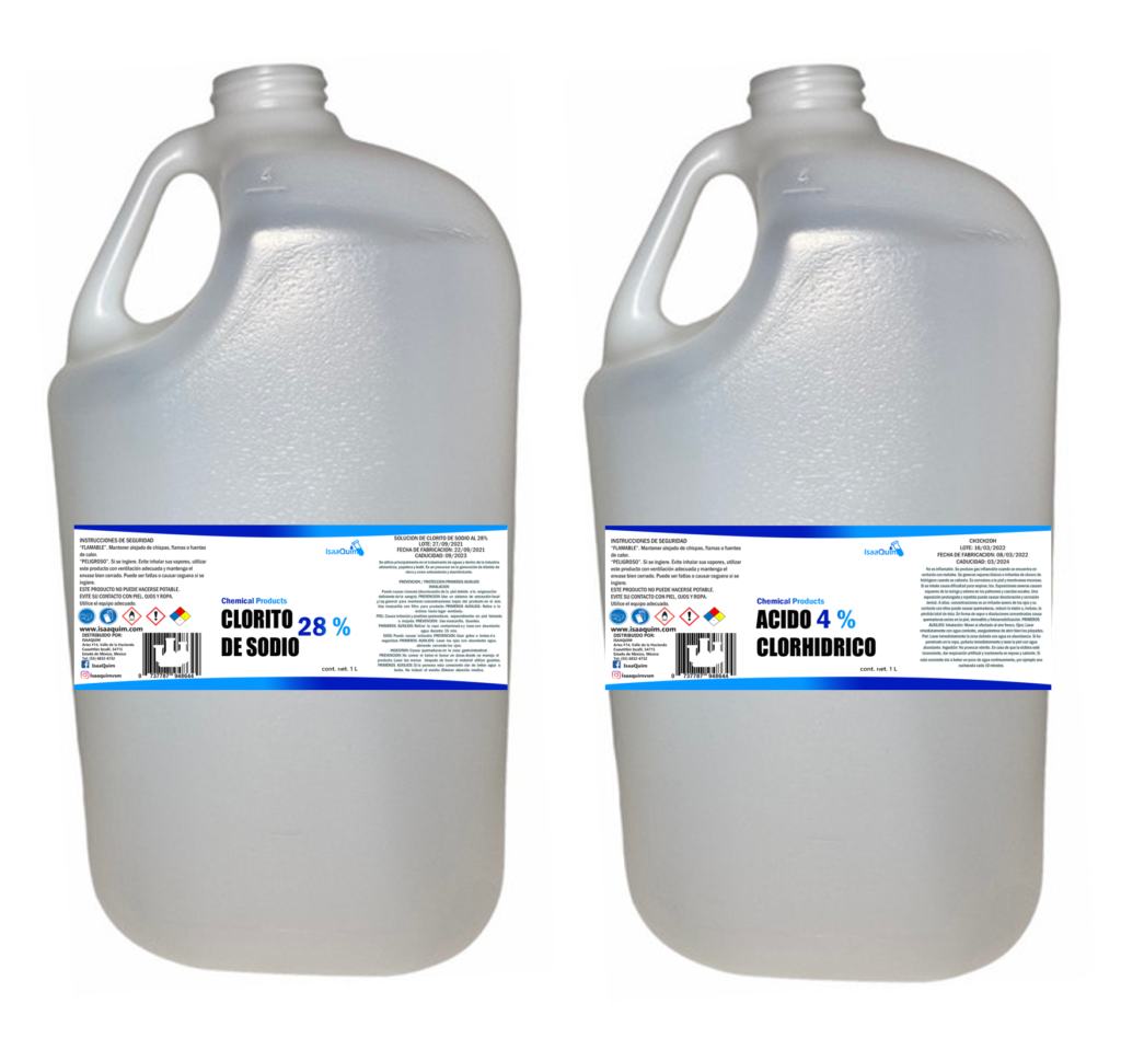 CLORITO DE SODIO (4 LITROS) + ACTIVADOR/DESINFECTANTE (4 LITROS) – IsaaQuim